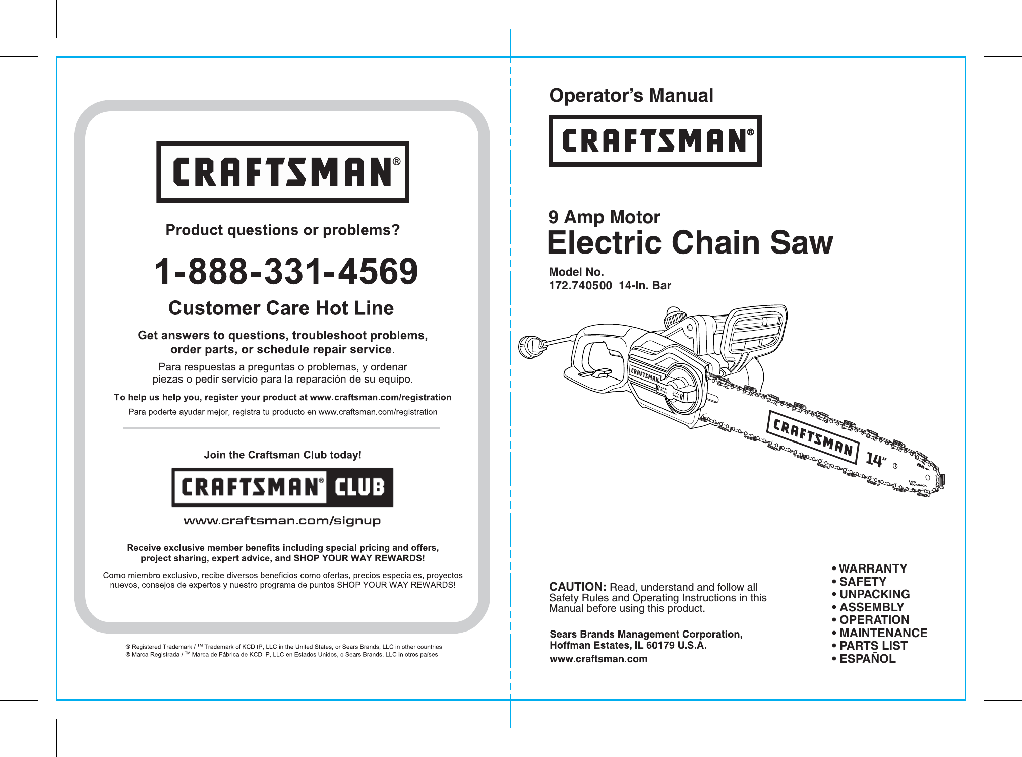 Craftsman 172740500 User Manual ELECTRIC CHAINSAW Manuals And Guides 1703323L