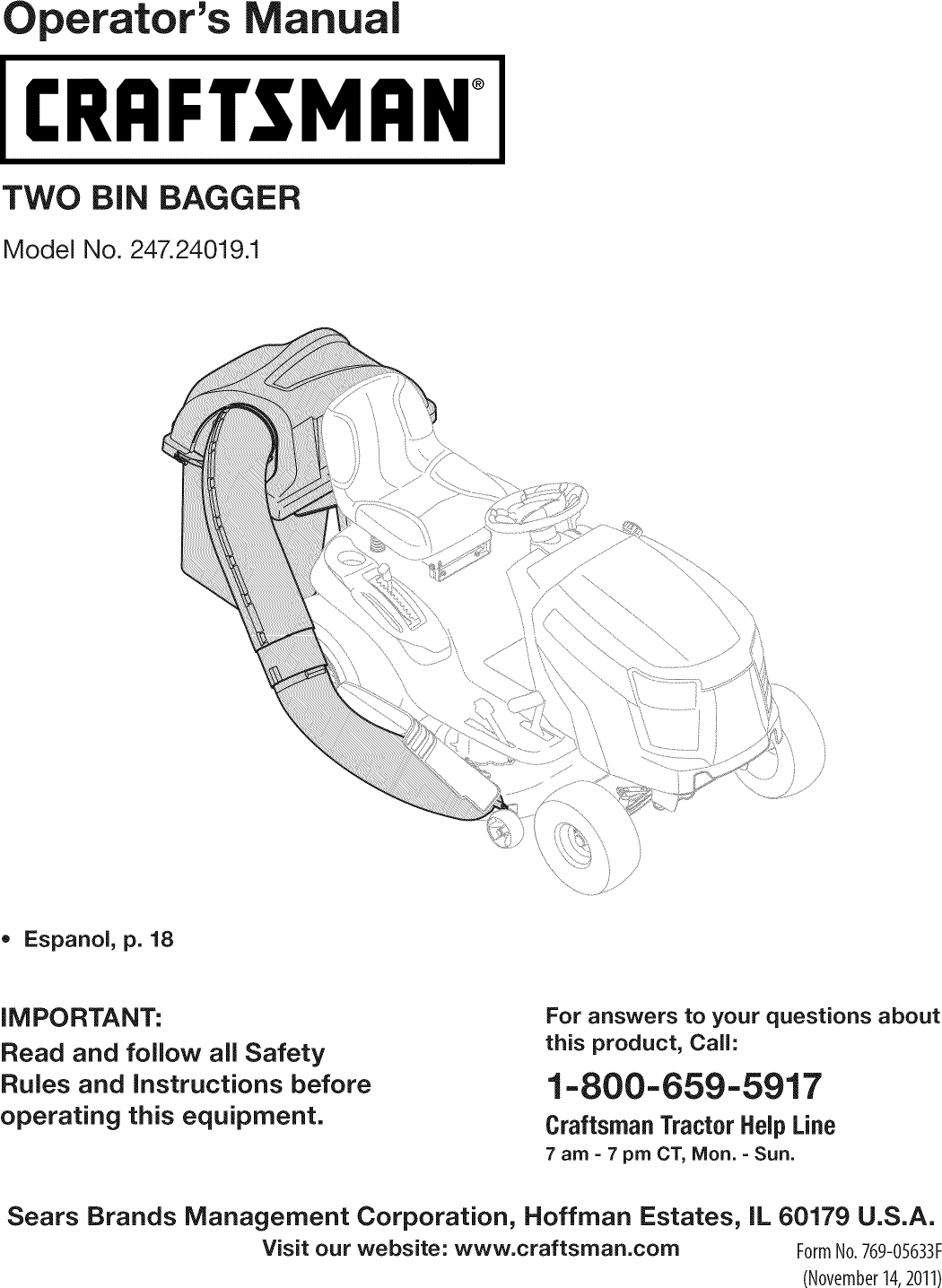 Craftsman 247240191 User Manual TWO BIN BAGGER Manuals And Guides 1201422L