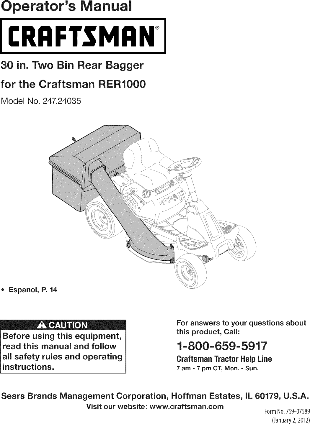 Craftsman 24724035 User Manual TWIN REAR BAGGER Manuals And Guides 1203451L