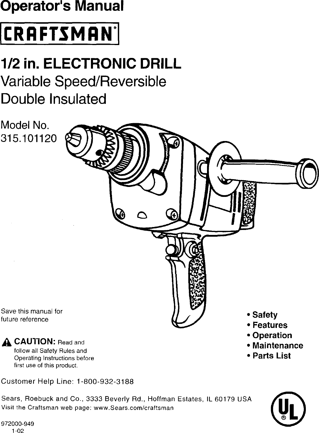 Craftsman 315101120 User Manual ELECTRONIC DRILL Manuals And Guides ...