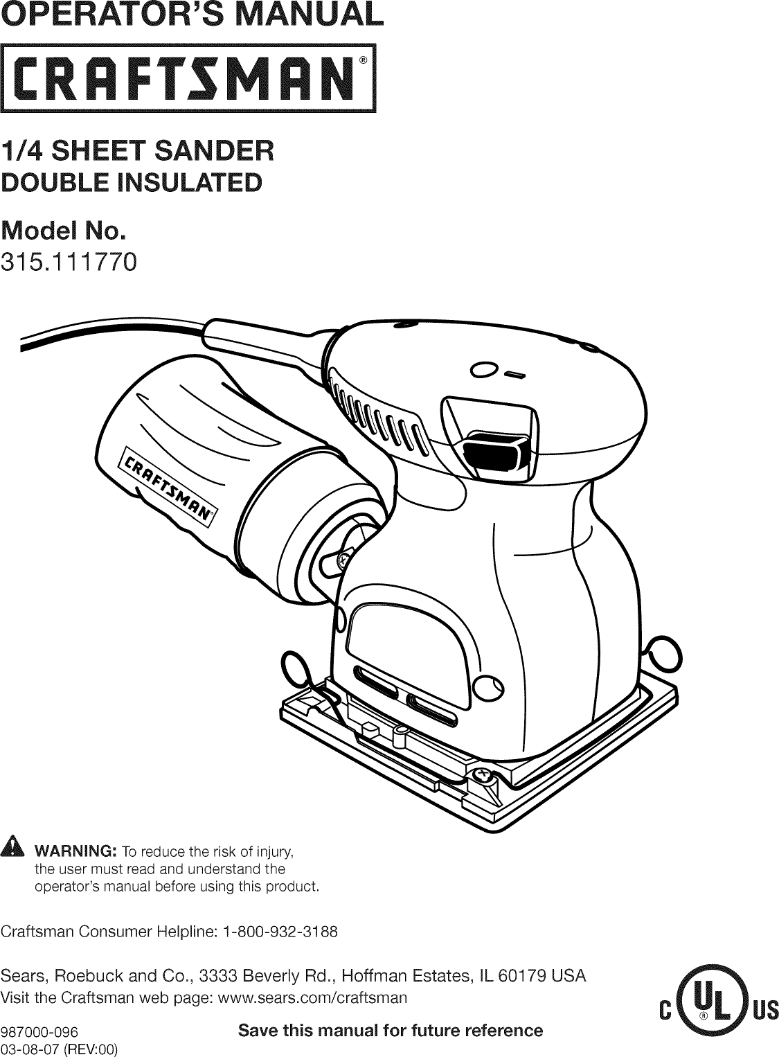 Craftsman 315111770 User Manual SHEET SANDER Manuals And Guides L0902038