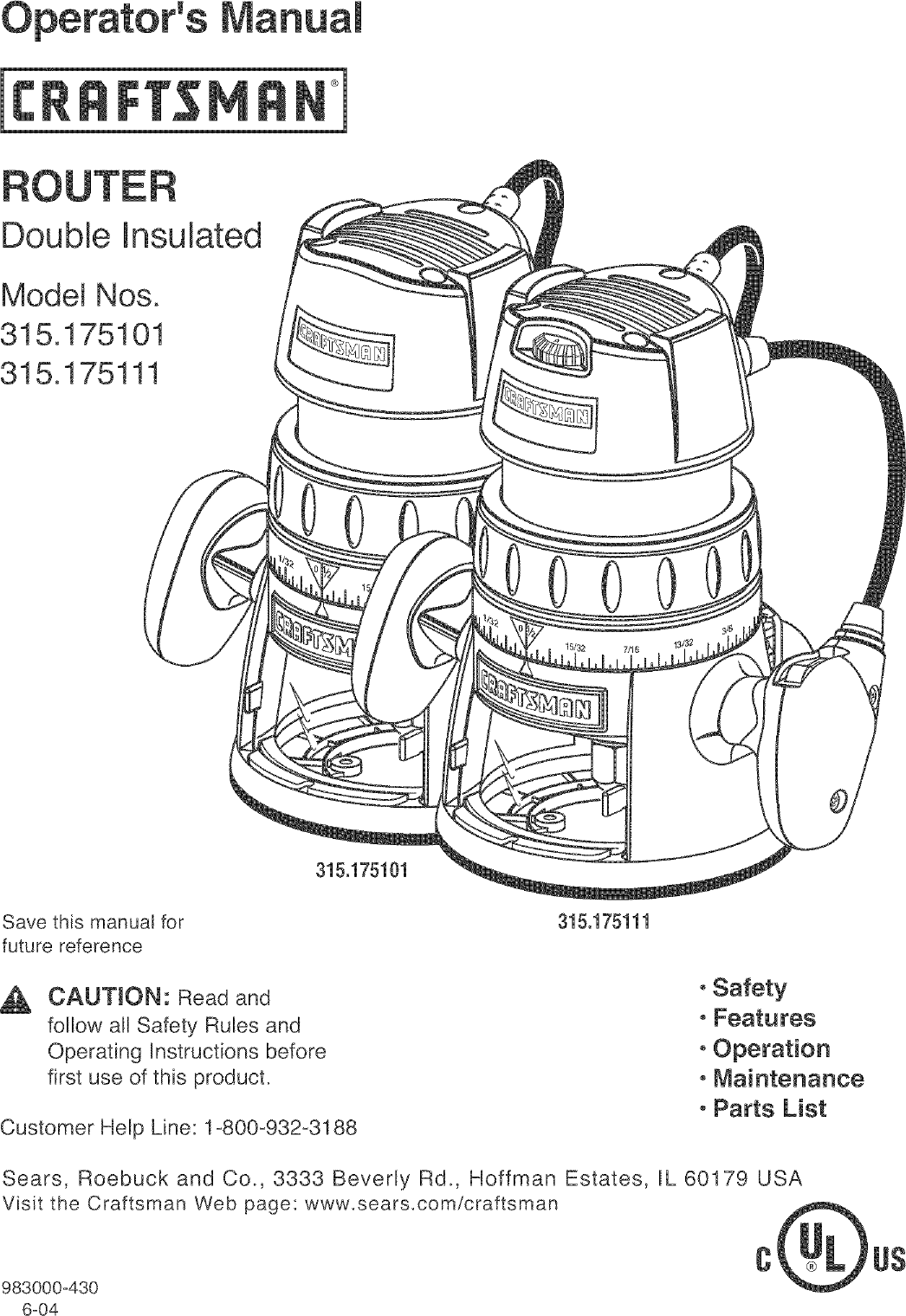 Craftsman 315175101 User Manual ROUTER Manuals And Guides L0410401