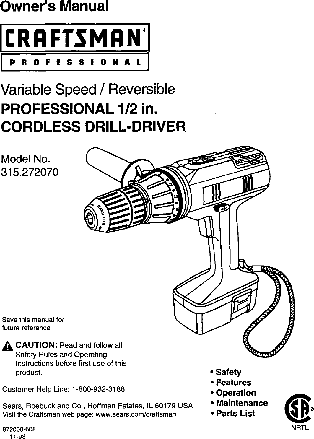 Craftsman 315272070 User Manual PROFESSIONAL 1/2 IN. CORDLESS DRILL ...