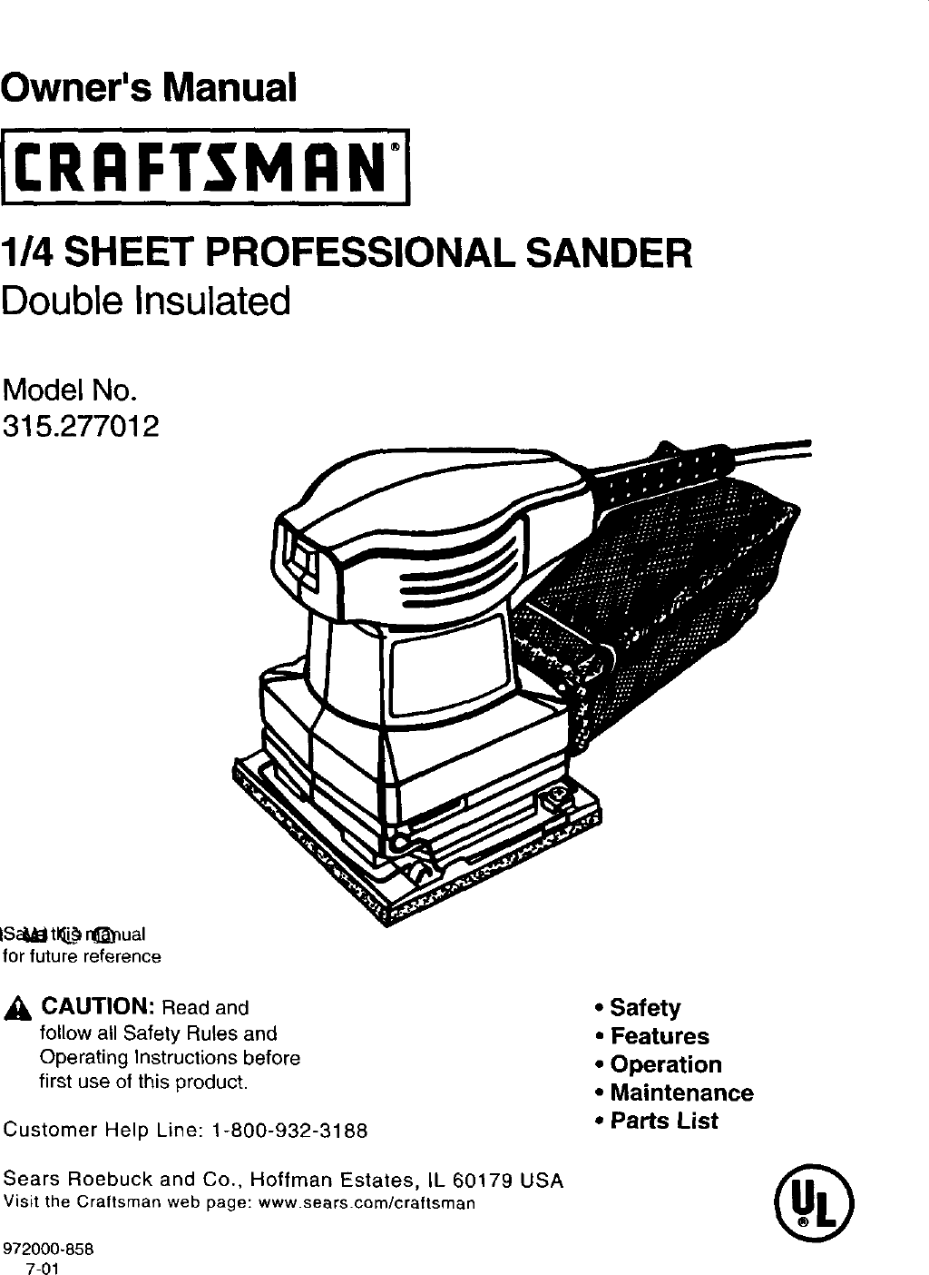 Craftsman 315277012 User Manual SANDER Manuals And Guides L0203178