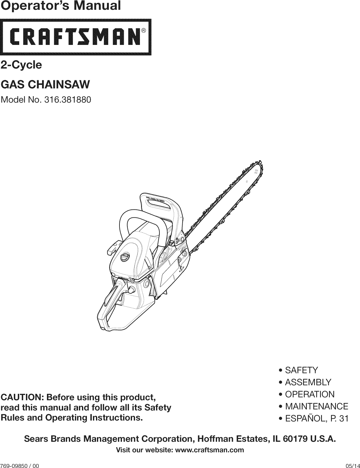 Craftsman 316381880 User Manual CHAIN SAW Manuals And Guides 1407002L