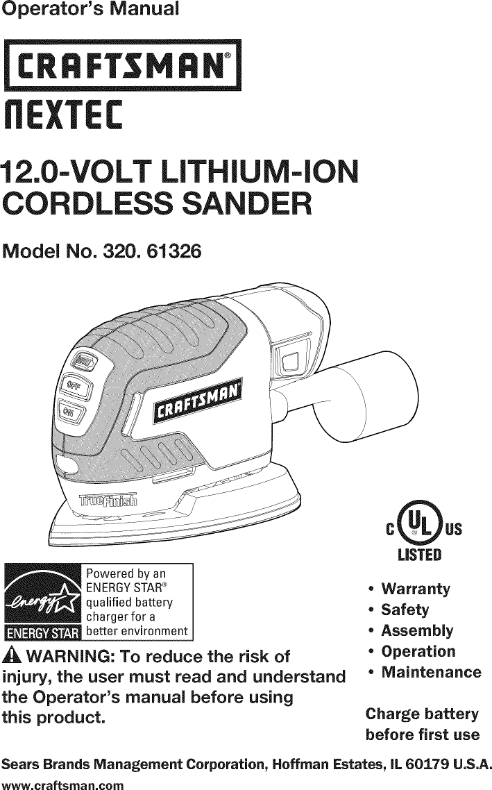 Craftsman 32061326 User Manual SANDER Manuals And Guides 1007557L