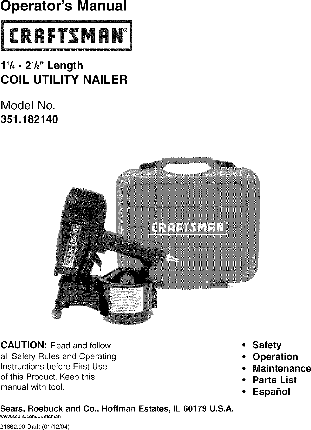 Craftsman 351182140 User Manual UTILITY NAILER Manuals And Guides L0801113
