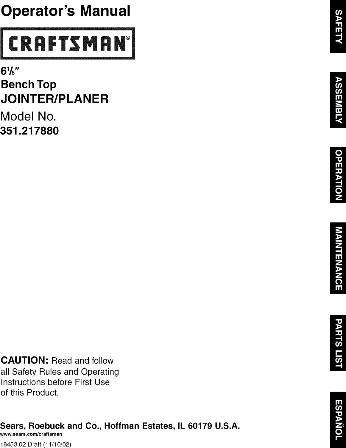 Craftsman 351217880 User Manual JOINTER Manuals And Guides L0904721