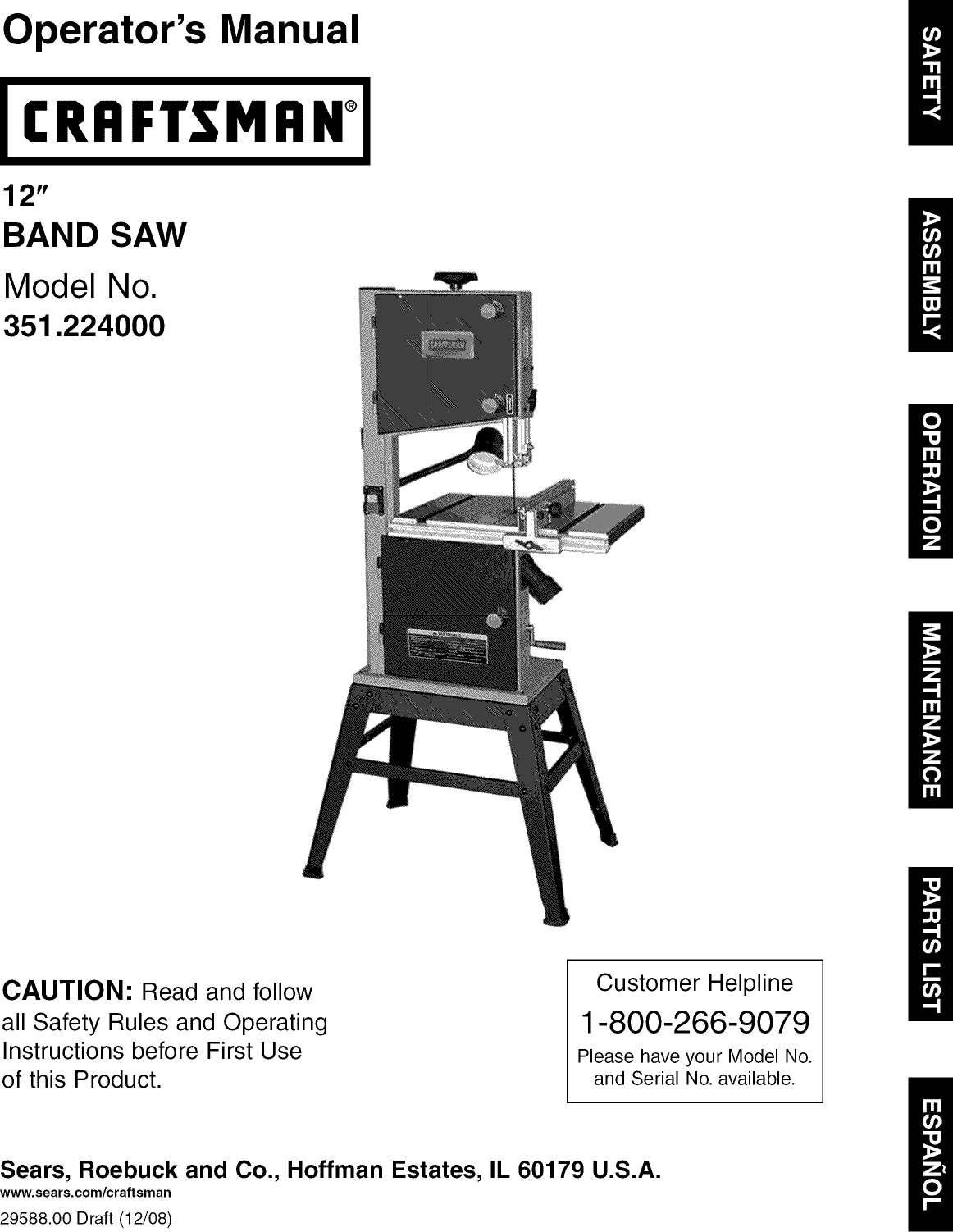 Craftsman 351224000 User Manual BANDSAW Manuals And Guides L0910297