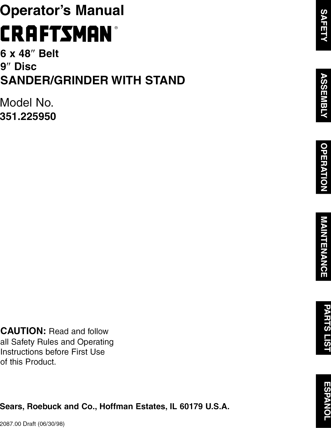 Craftsman 351225950 User Manual SANDER/GRINDER W/STAND Manuals And ...
