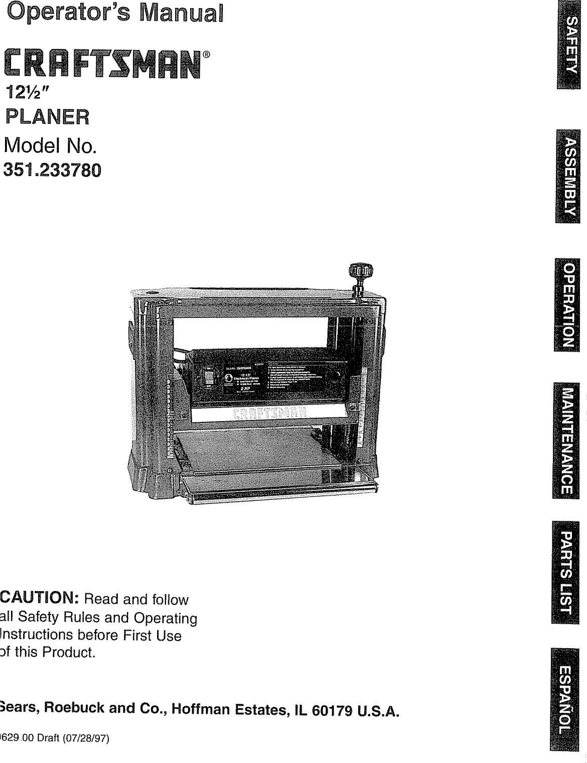 Craftsman 351233780 User Manual PLANER Manuals And Guides L1003343