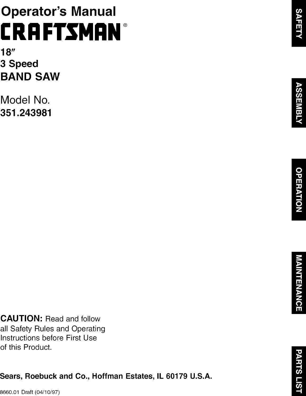 Craftsman 351243981 User Manual 18 3 SPEED BAND SAW Manuals And Guides ...