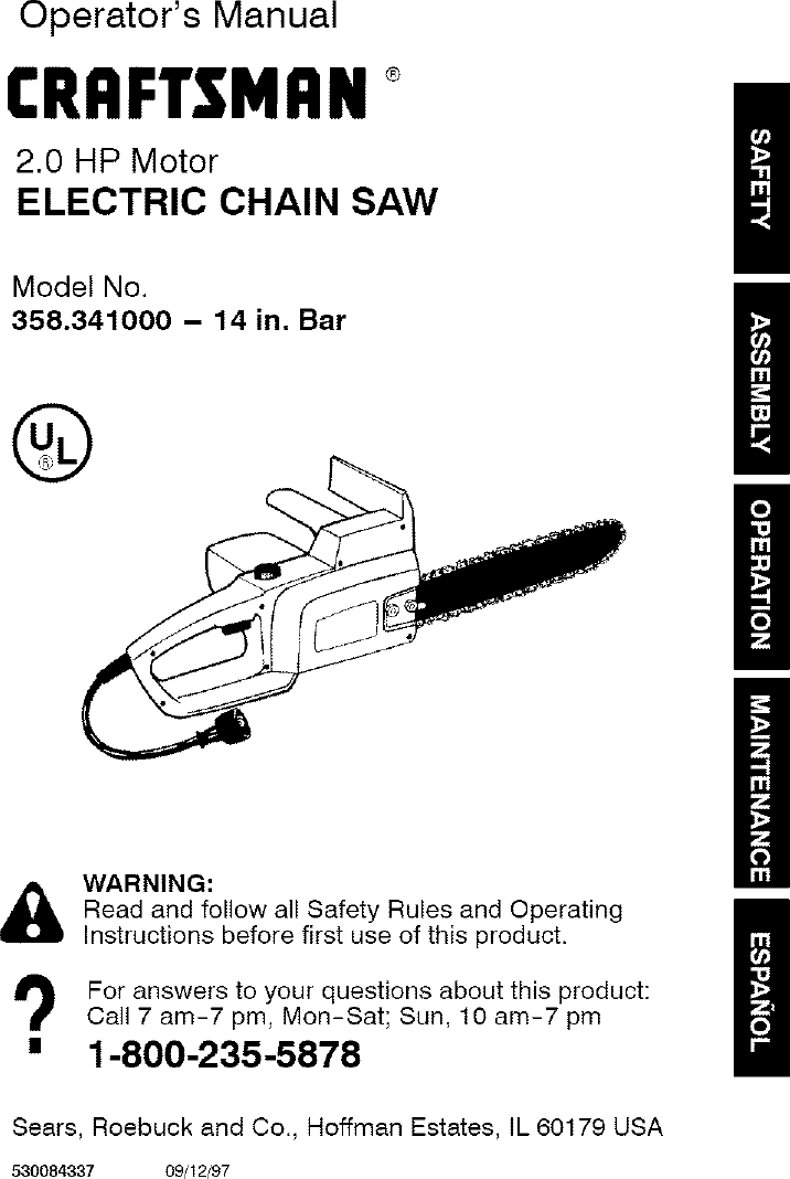 Craftsman 358341000 User Manual CHAINSAW Manuals And Guides L0807361