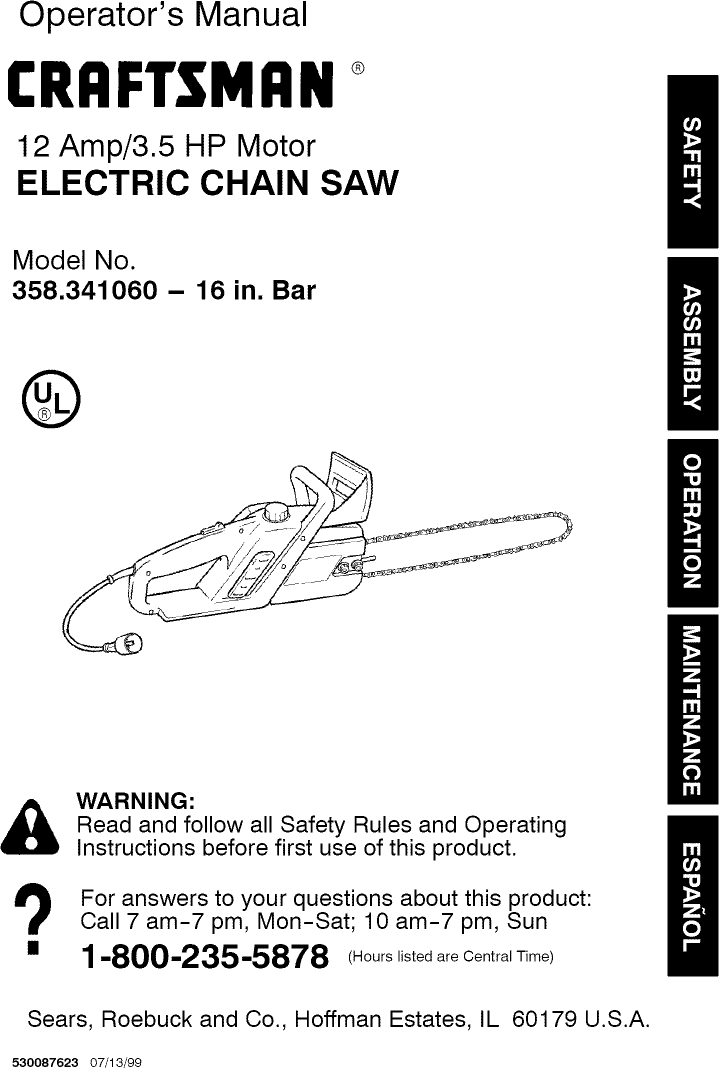 Craftsman 358341060 User Manual CHAINSAW Manuals And Guides L0904396