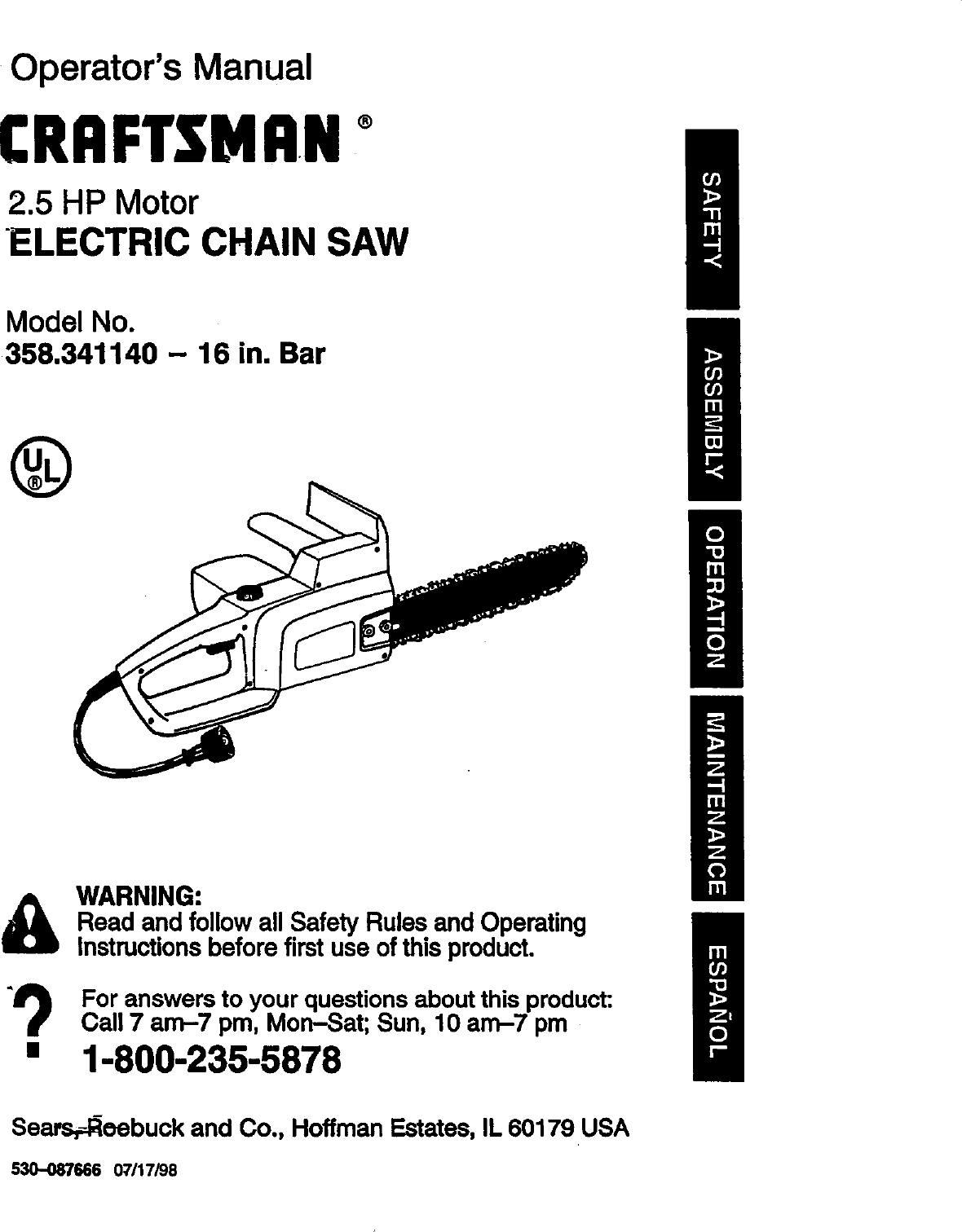 Craftsman 358341140 User Manual ELECTRIC CHAIN SAW Manuals And Guides 98110060