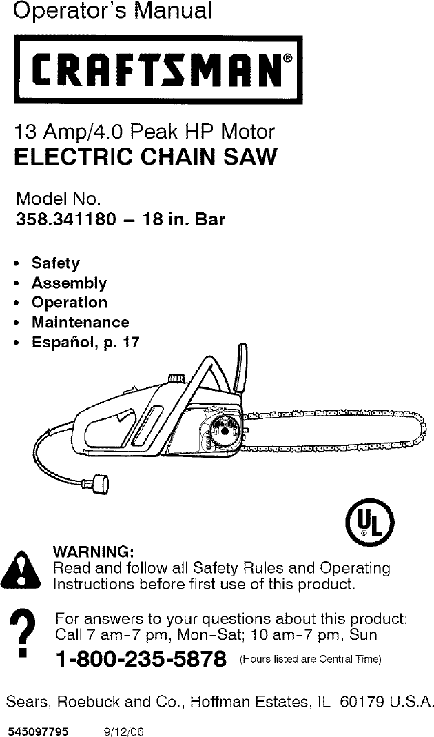 Craftsman 358341180 User Manual CHAIN SAW Manuals And Guides L0609797