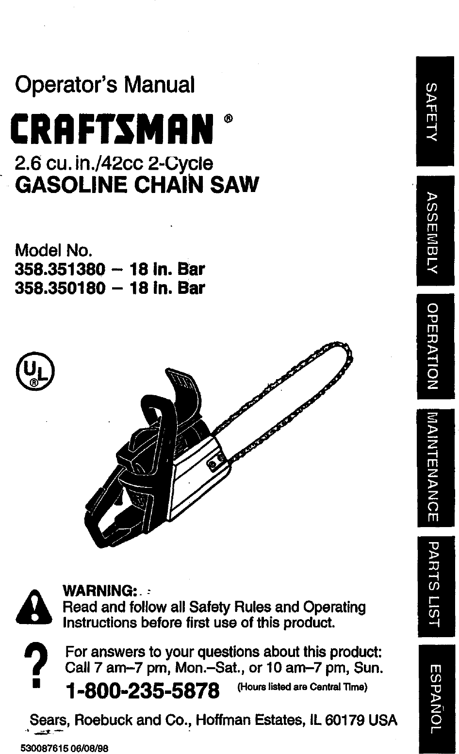 Craftsman 358350180 User Manual GAS CHAINSAW Manuals And Guides 98110065