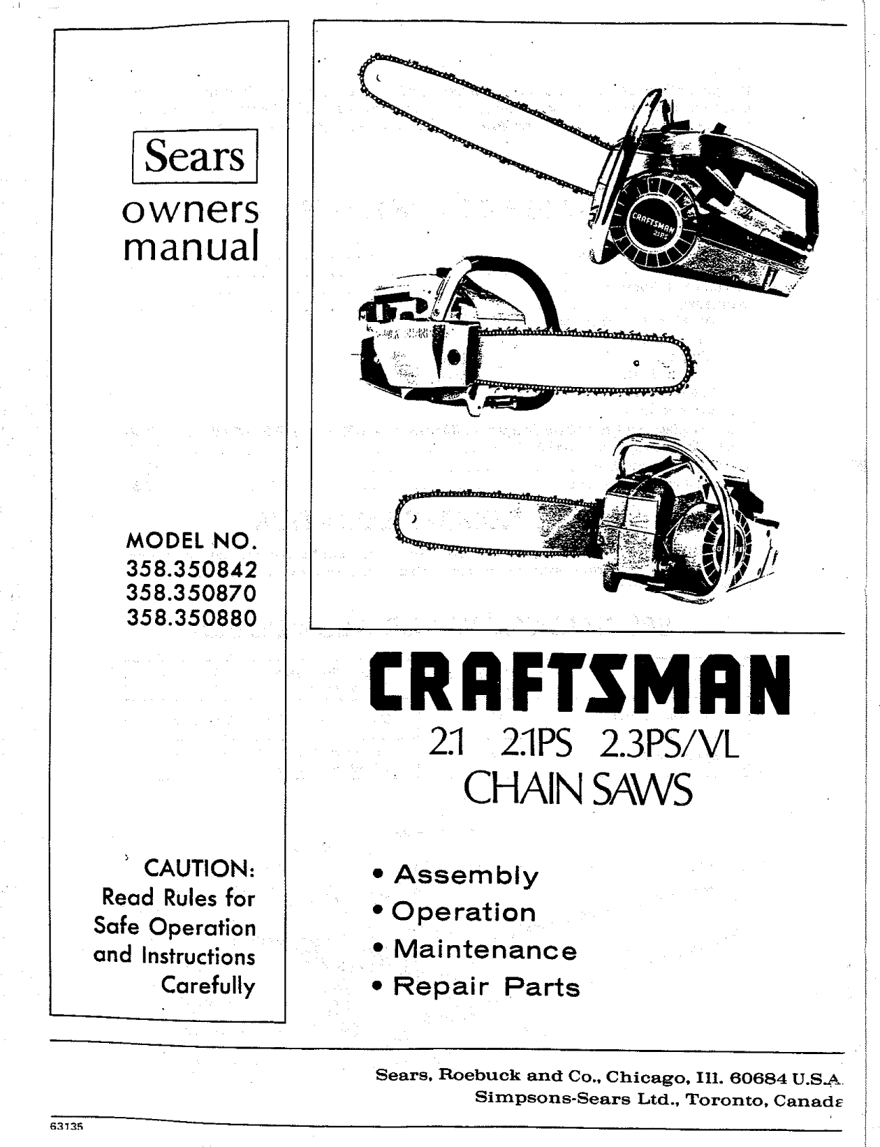 Craftsman 358350842 User Manual SEARS CHAIN SAWS Manuals And Guides L0809375