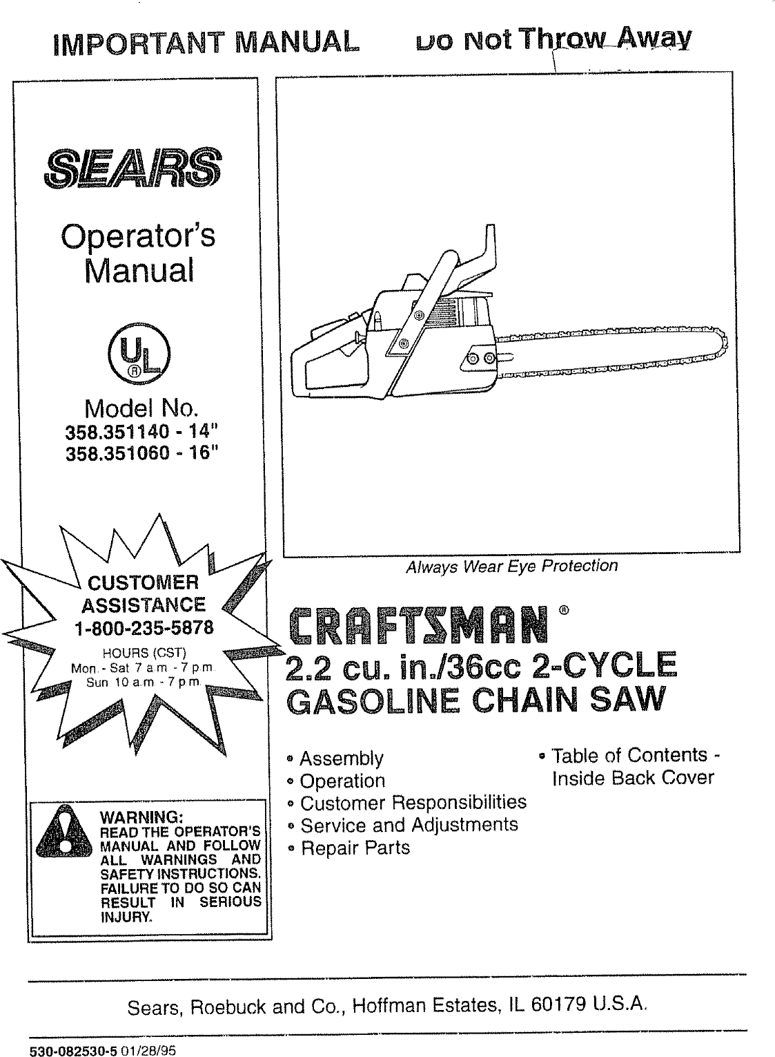 Craftsman 358351060 User Manual CHAIN SAW Manuals And Guides L0706371