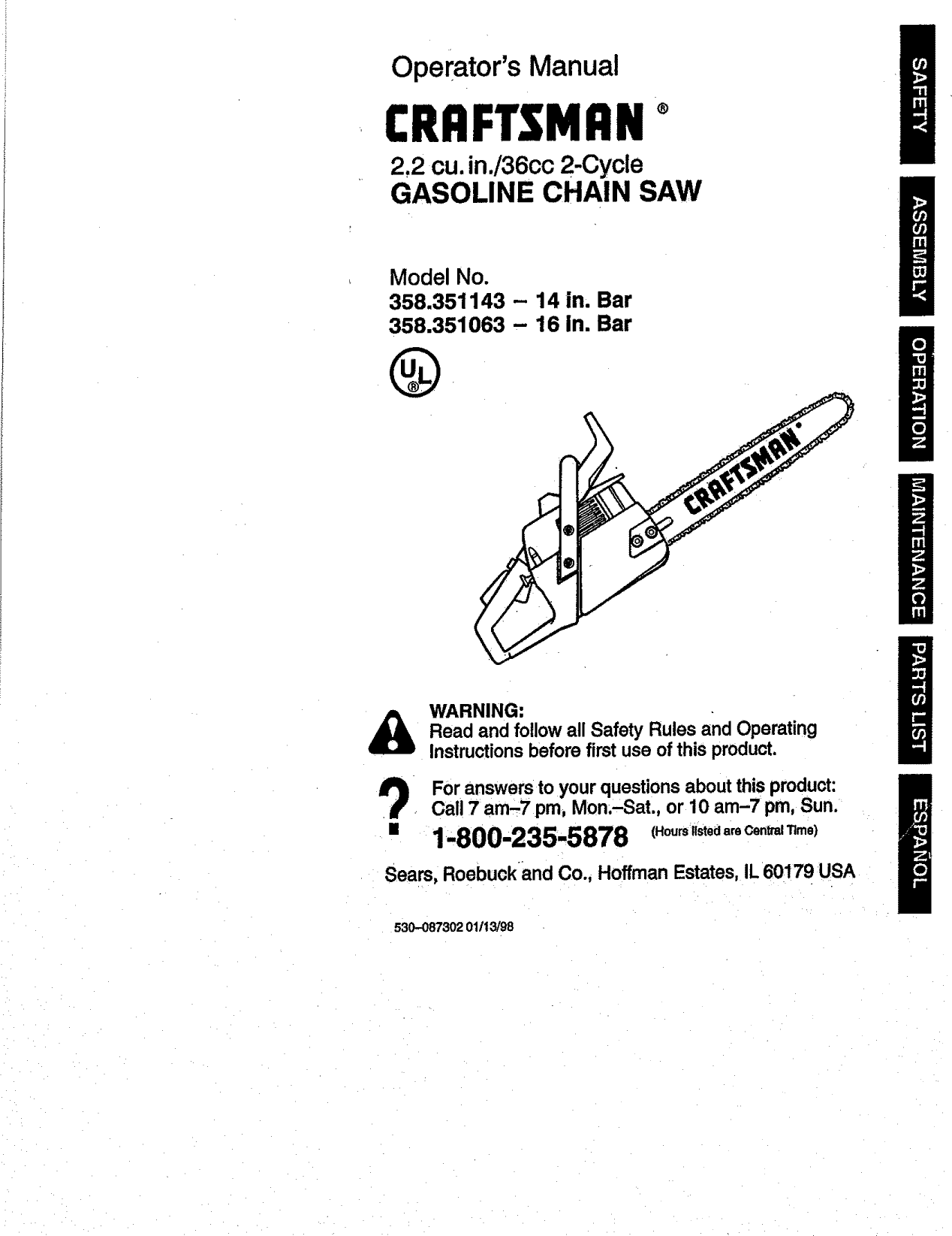 Craftsman 358351063 User Manual CHAIN SAW Manuals And Guides L0809024