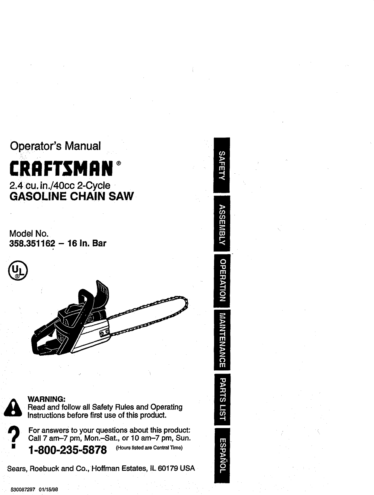 Craftsman 358351162 User Manual CHAINSAW Manuals And Guides L0810422