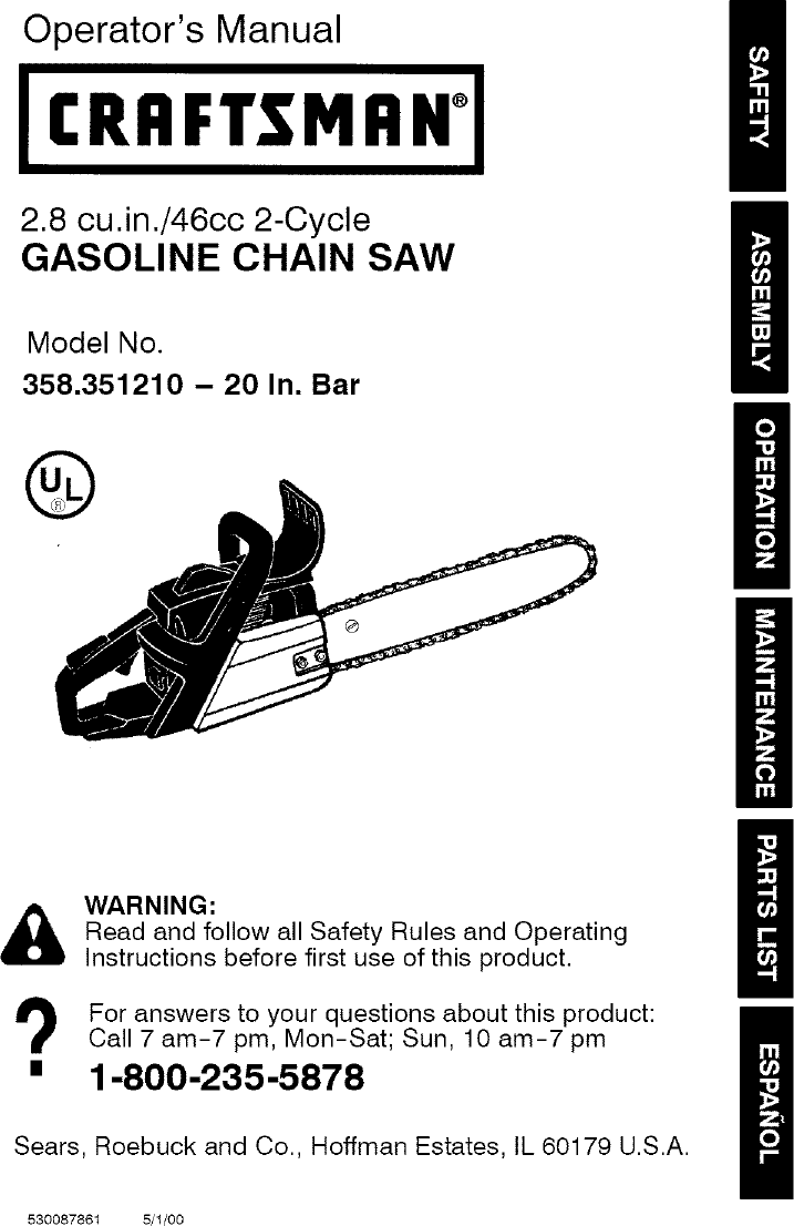 Craftsman 358351210 User Manual CHAINSAW Manuals And Guides L0712057
