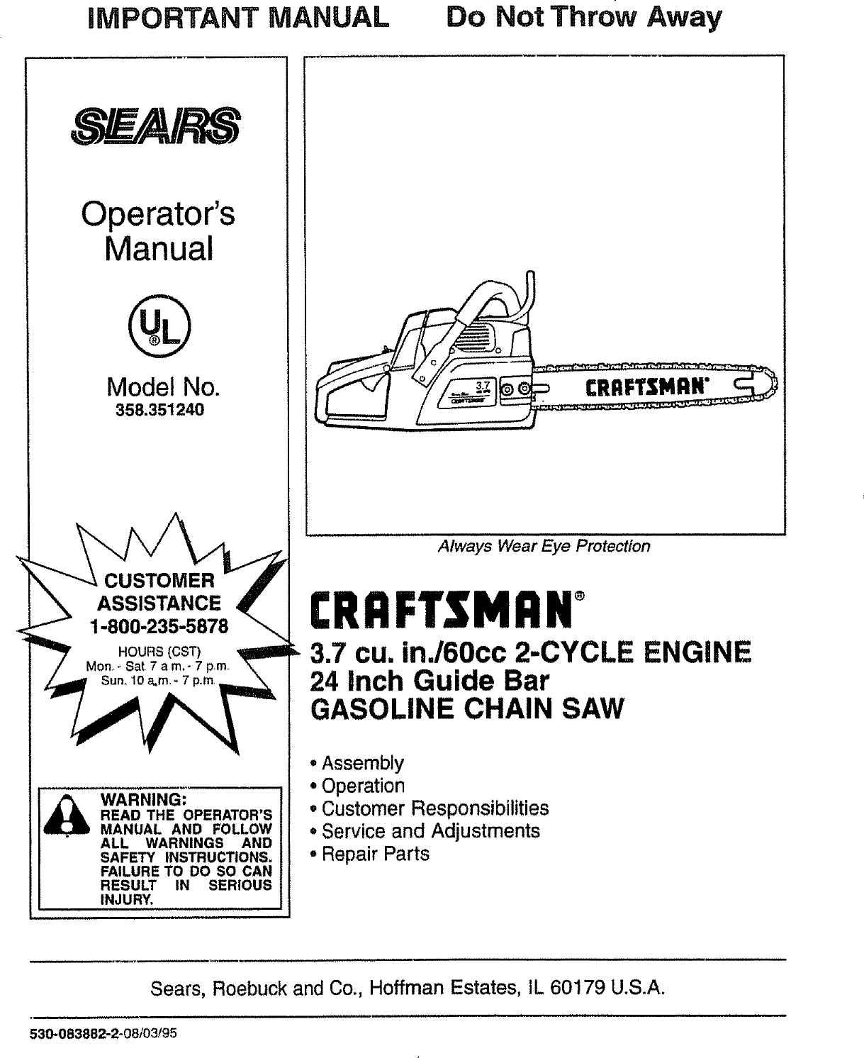 Craftsman 358351240 User Manual CHAINSAW Manuals And Guides L0806101