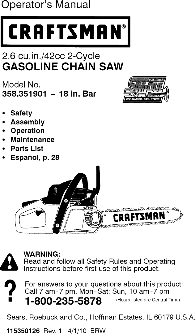 Craftsman 358351901 User Manual CHAIN SAW Manuals And Guides L1004256