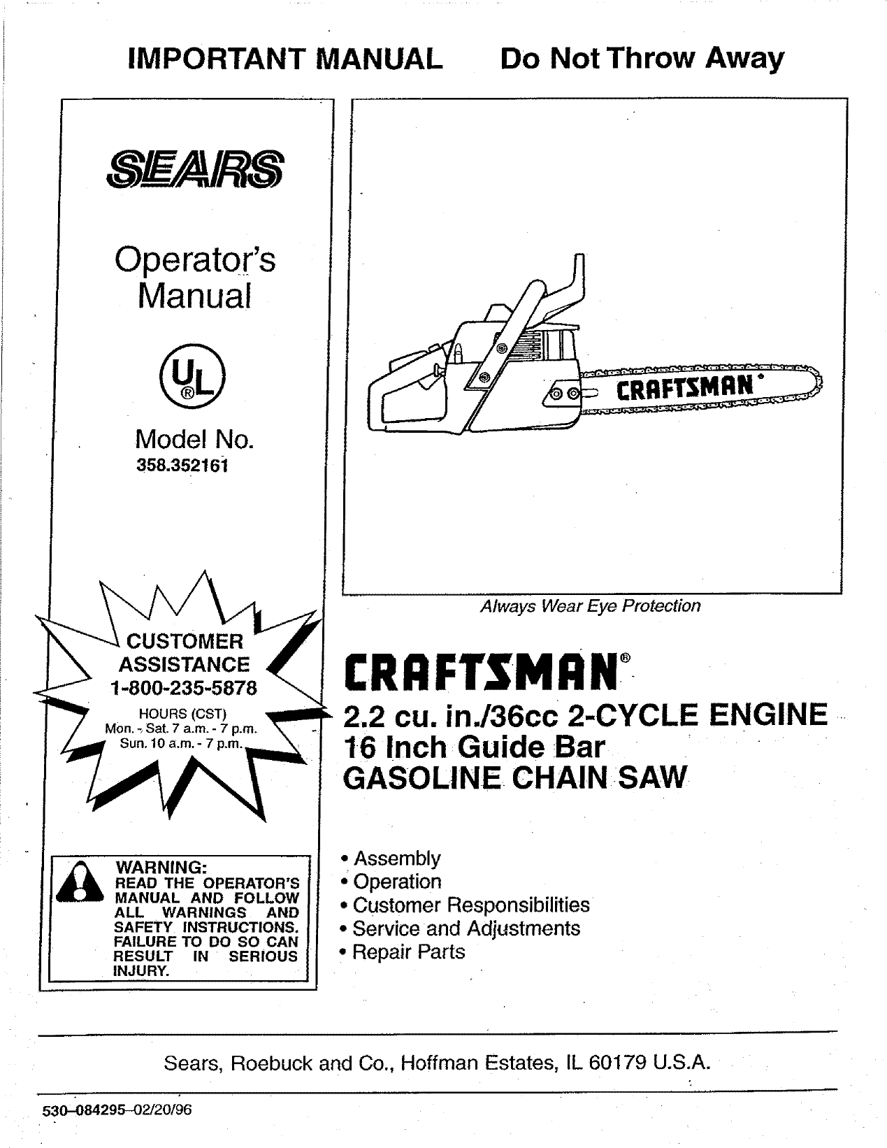 Craftsman 358352161 User Manual GAS CHAIN SAW Manuals And Guides L0708268
