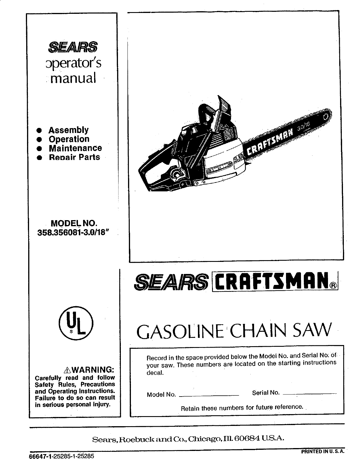 Craftsman 358356081 User Manual 3.0/18 GASOLINE CHAIN SAW Manuals And Guides L0807005