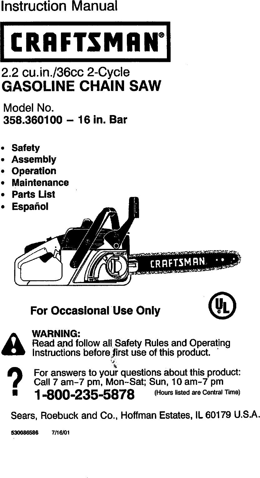 Craftsman 358360100 User Manual CHAIN SAW Manuals And Guides L0112041