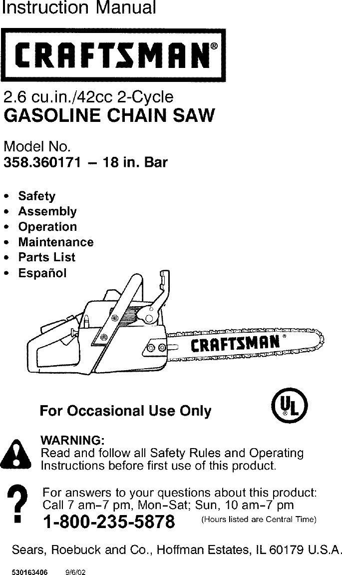 Craftsman 358360171 User Manual CHAINSAW Manuals And Guides L0212081