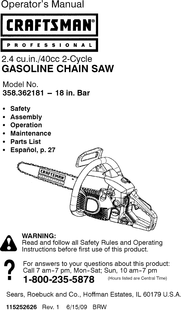 Craftsman 358362181 User Manual CHAIN SAW Manuals And Guides L0907055