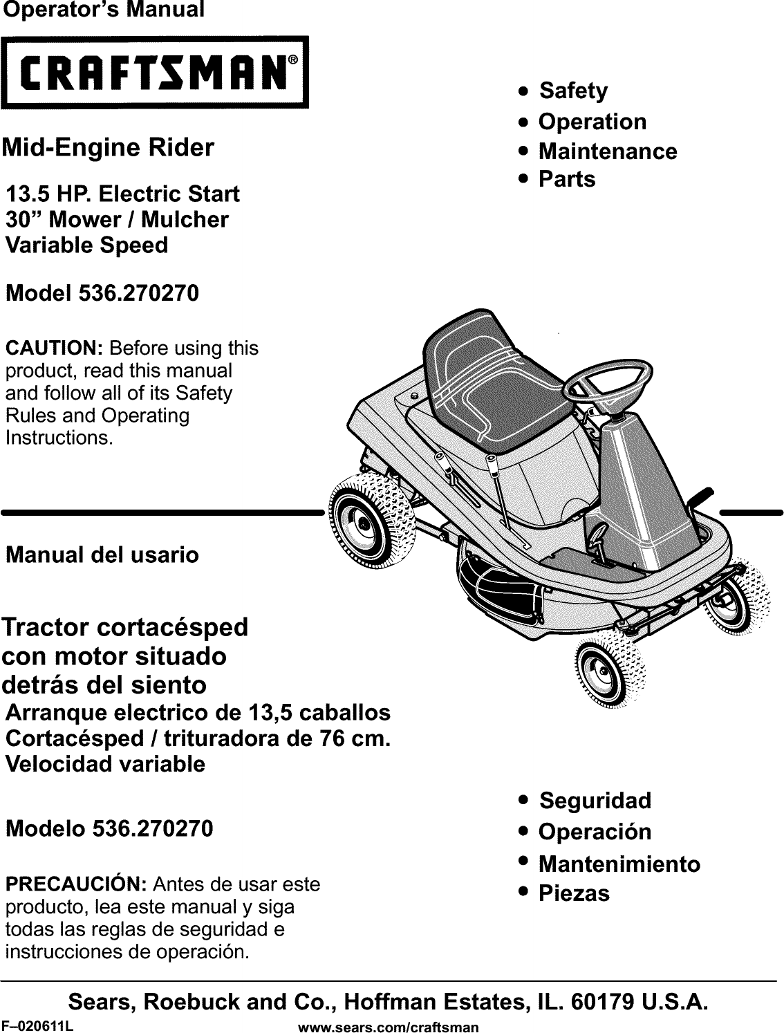 Craftsman 536270270 User Manual RIDING MOWER Manuals And Guides L0207061