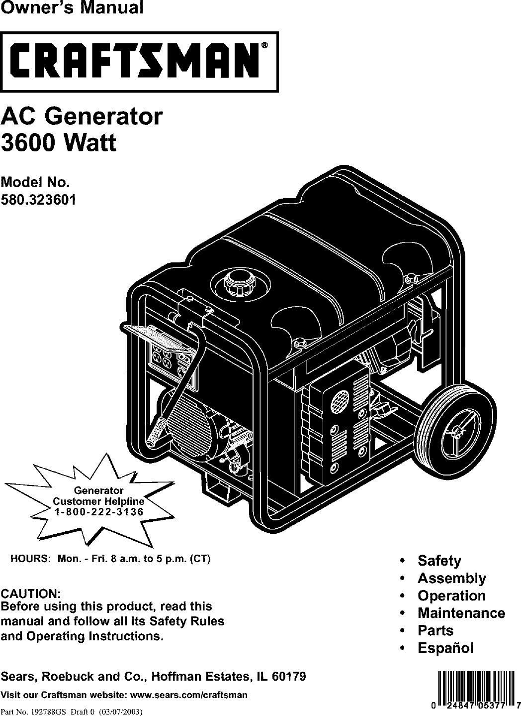 Craftsman 580323601 User Manual AC GENERATOR Manuals And Guides L0304155