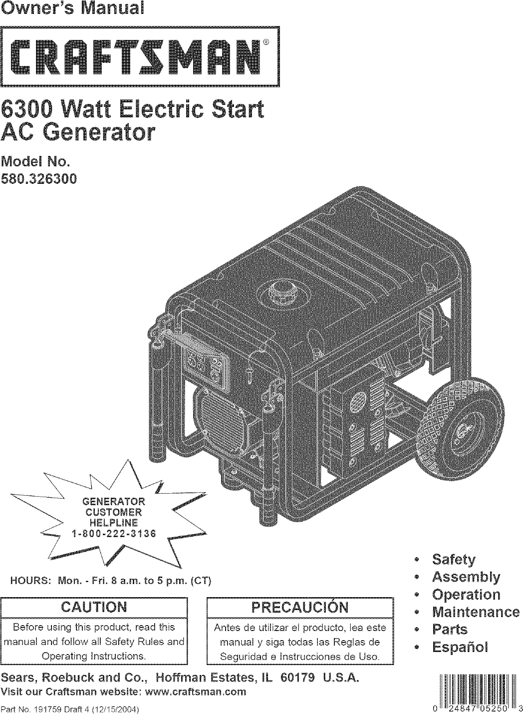 Craftsman 580326300 User Manual GENERATOR Manuals And Guides L0501055