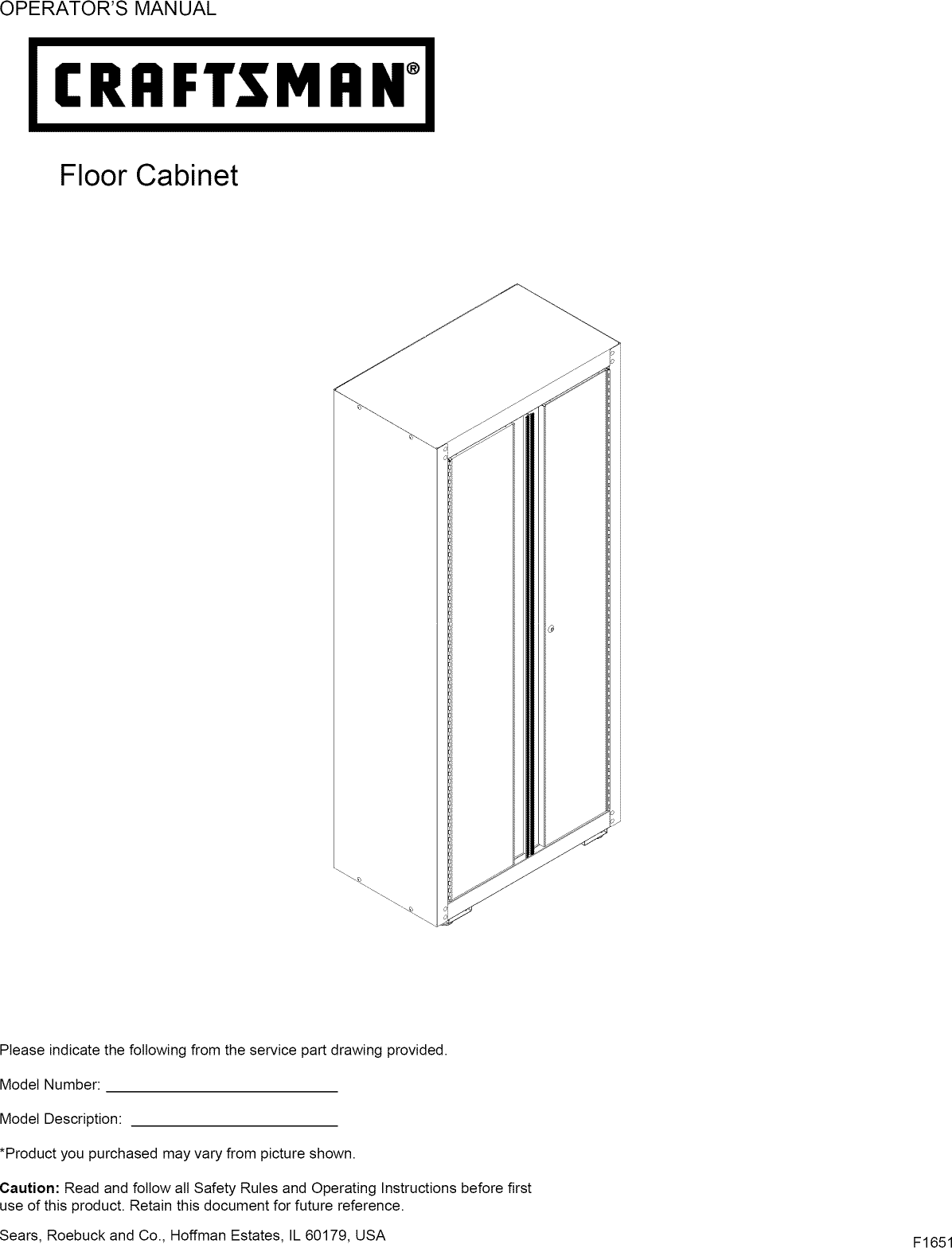 Craftsman 706101340 User Manual FLOOR CABINET Manuals And Guides L0902096