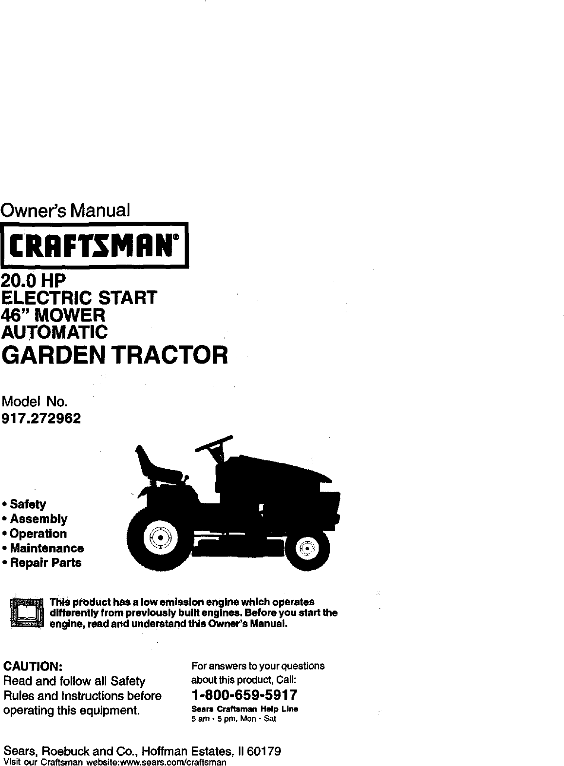 Craftsman 917272962 User Manual TRACTOR Manuals And Guides L0101121