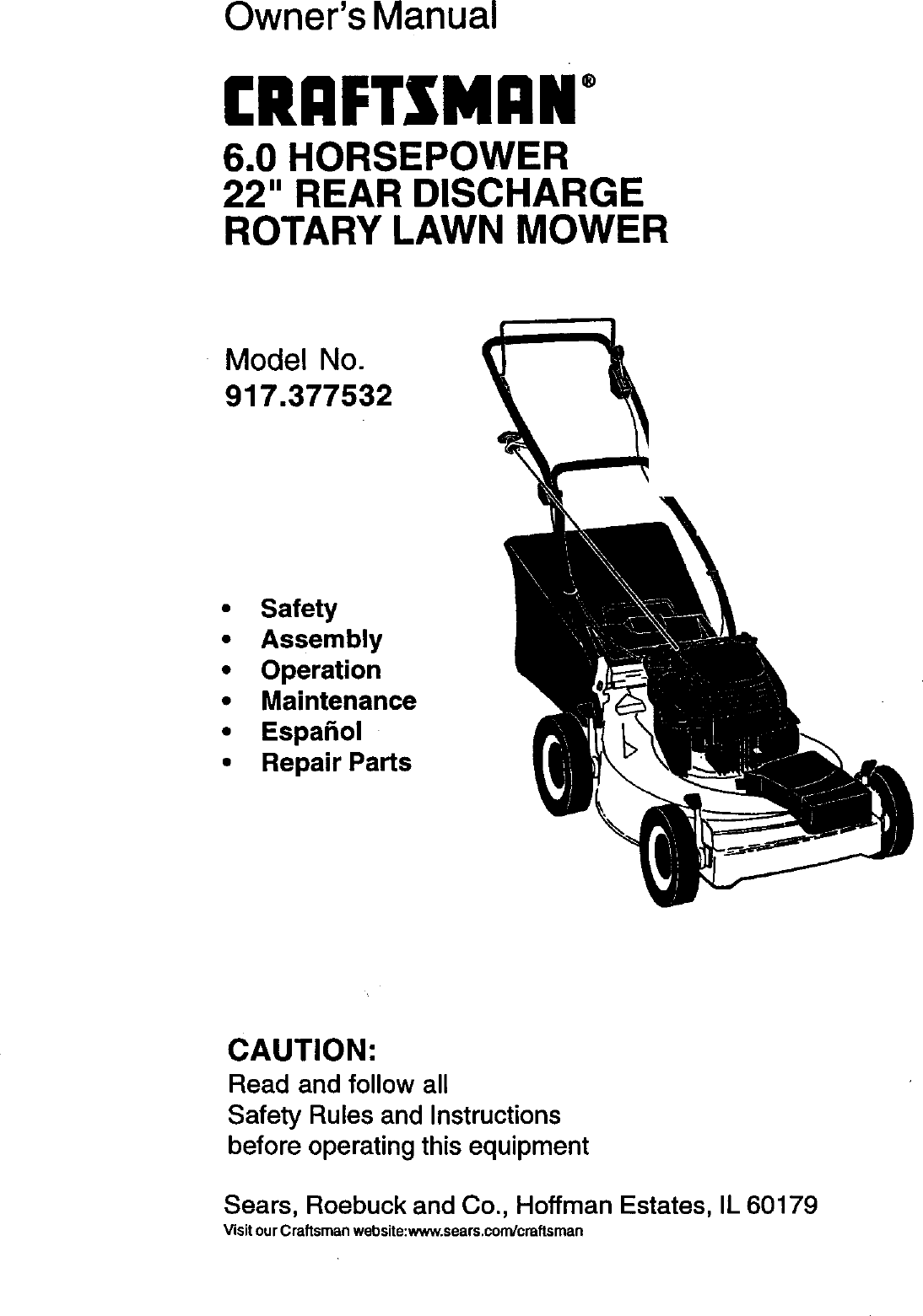 Craftsman 917377532 User Manual ROTARY MOWER Manuals And Guides L9080104