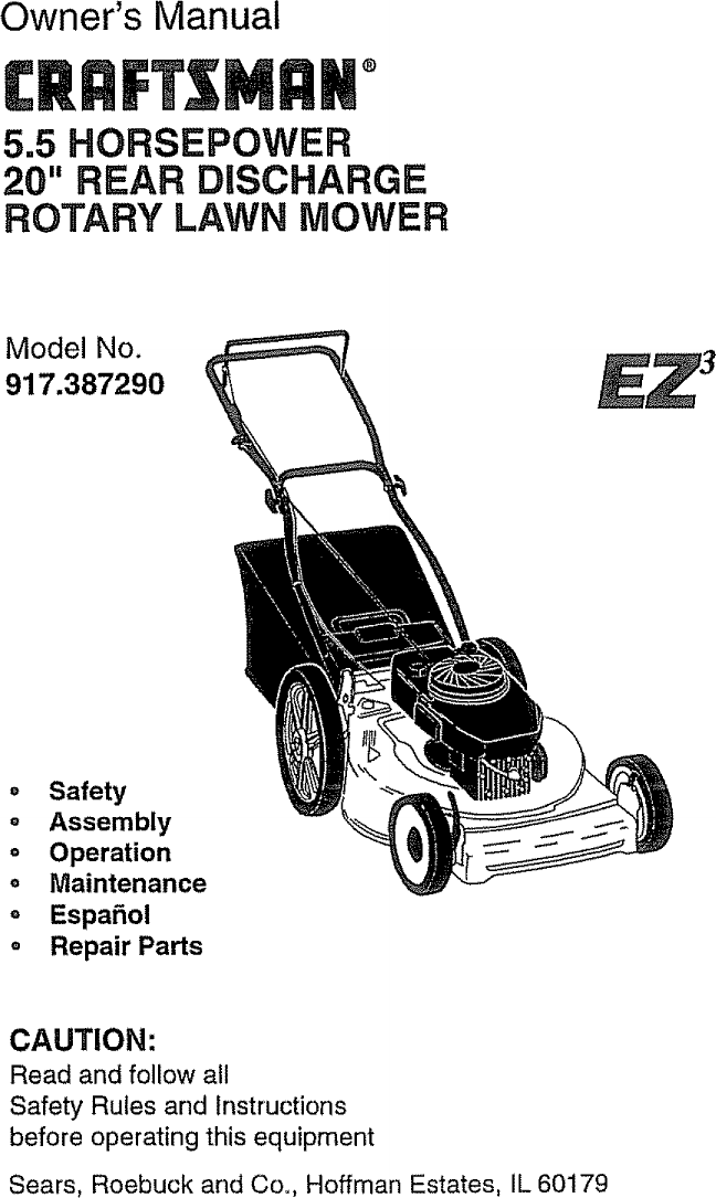 Craftsman 917387290 User Manual ROTARY MOWER Manuals And Guides 1010081L