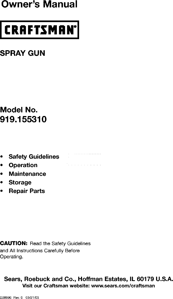 Craftsman 919155310 User Manual SPRAY GUN Manuals And Guides L0305372