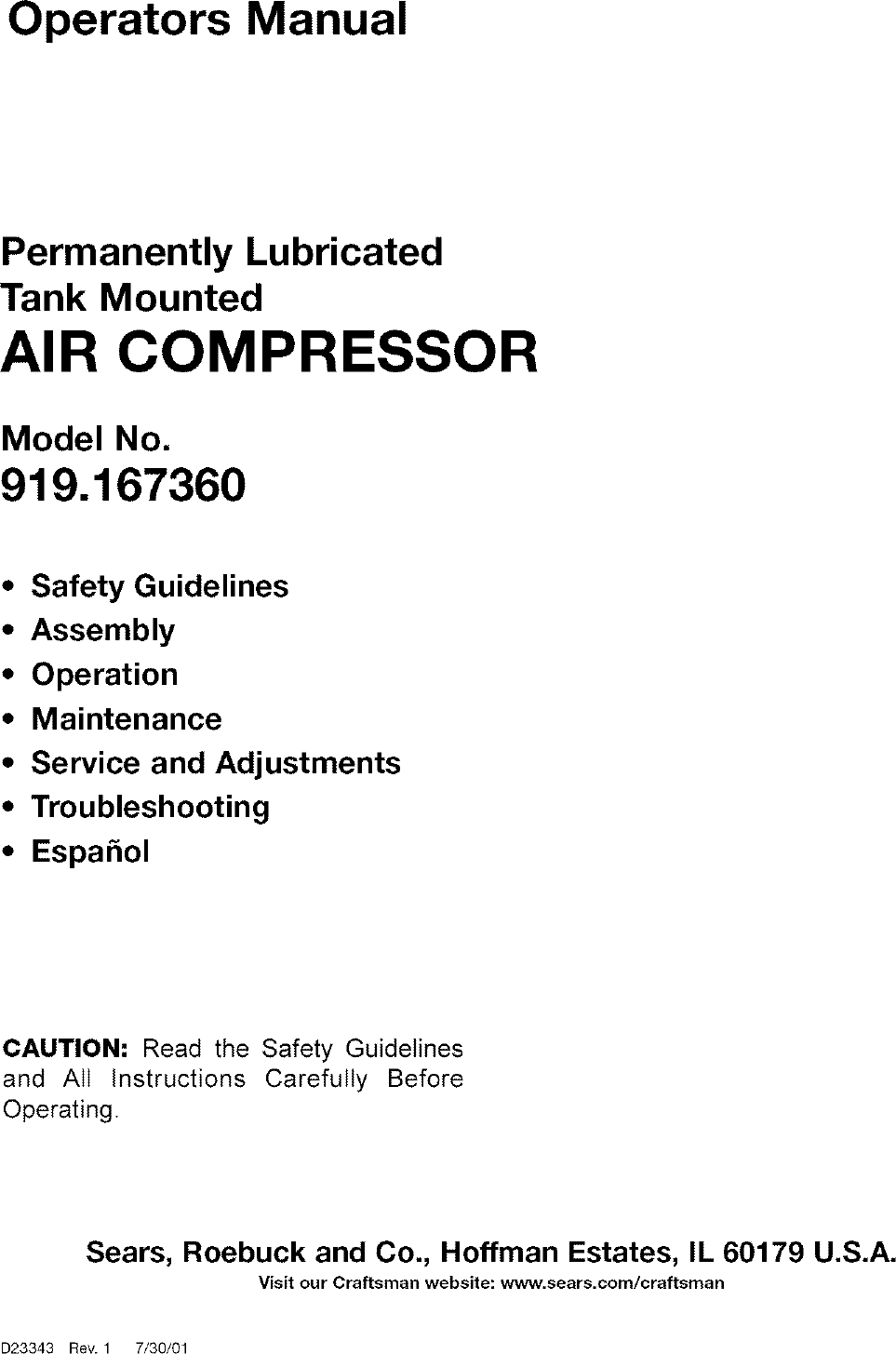 Craftsman 919167360 User Manual AIR COMPRESSOR Manuals And Guides L0807071
