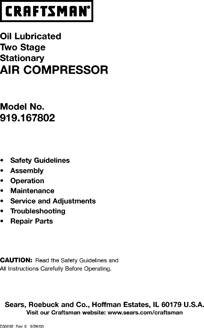 Craftsman 919167802 User Manual AIR COMPRESSOR Manuals And Guides L0310413