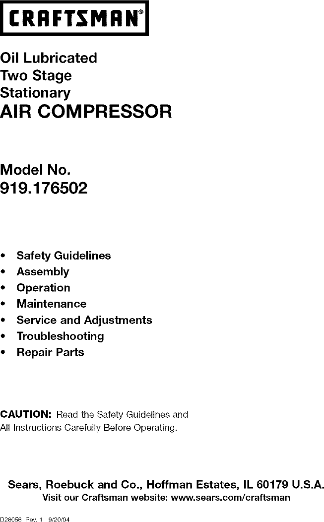 Craftsman 919176502 User Manual AIR COMPRESSOR Manuals And Guides L0410127
