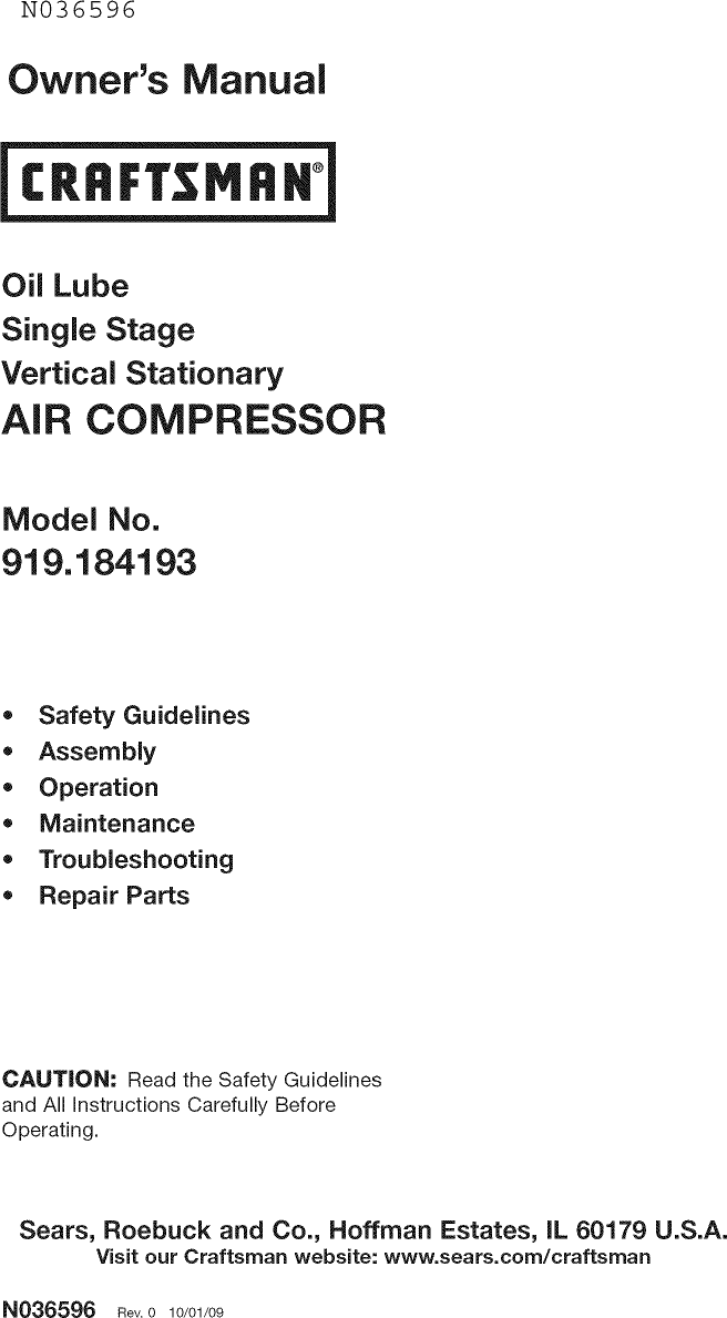 Craftsman 919184193 User Manual AIR COMPRESSOR Manuals And Guides 1012557L
