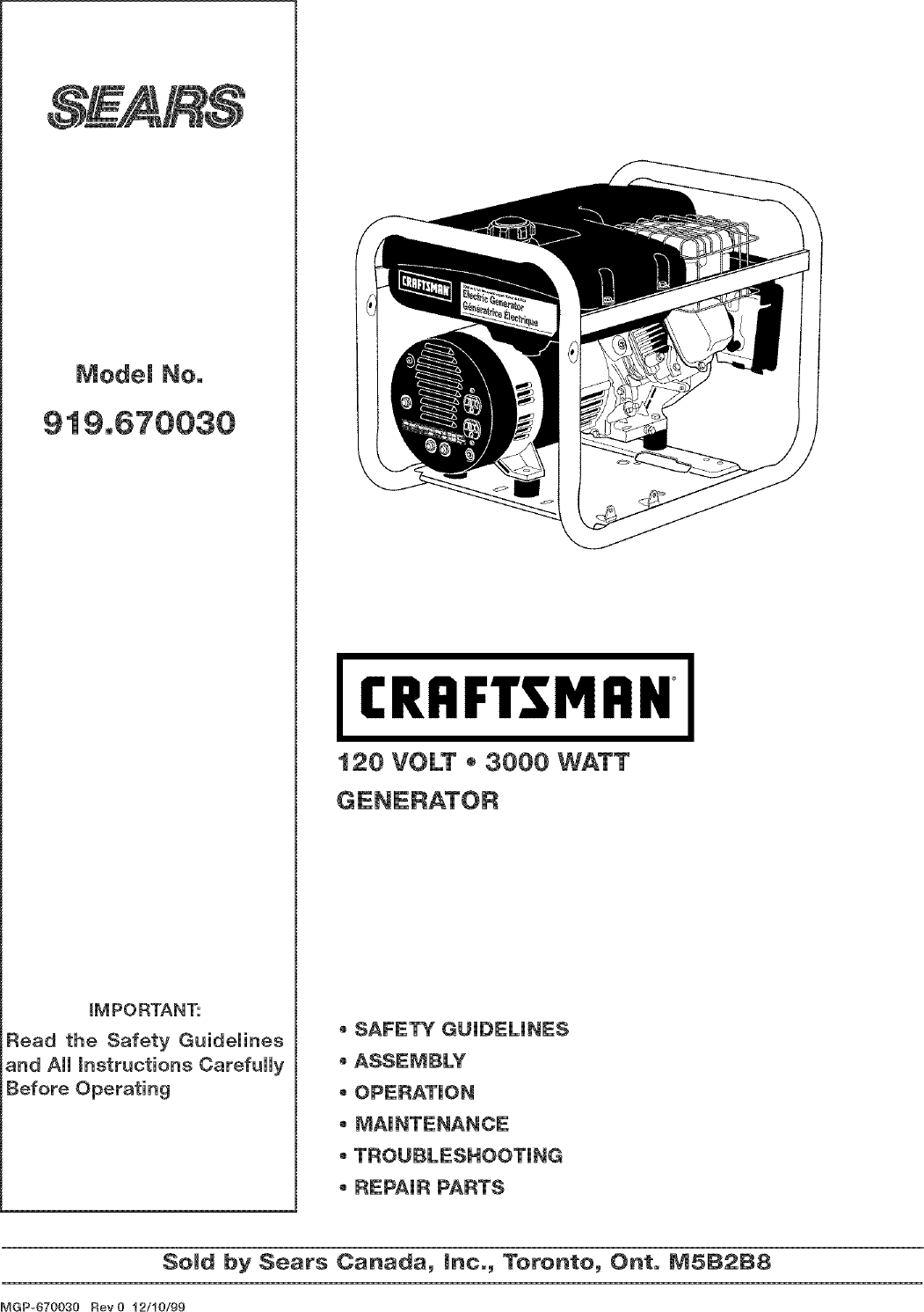 Craftsman 919670030 User Manual GENERATOR Manuals And Guides L0412364