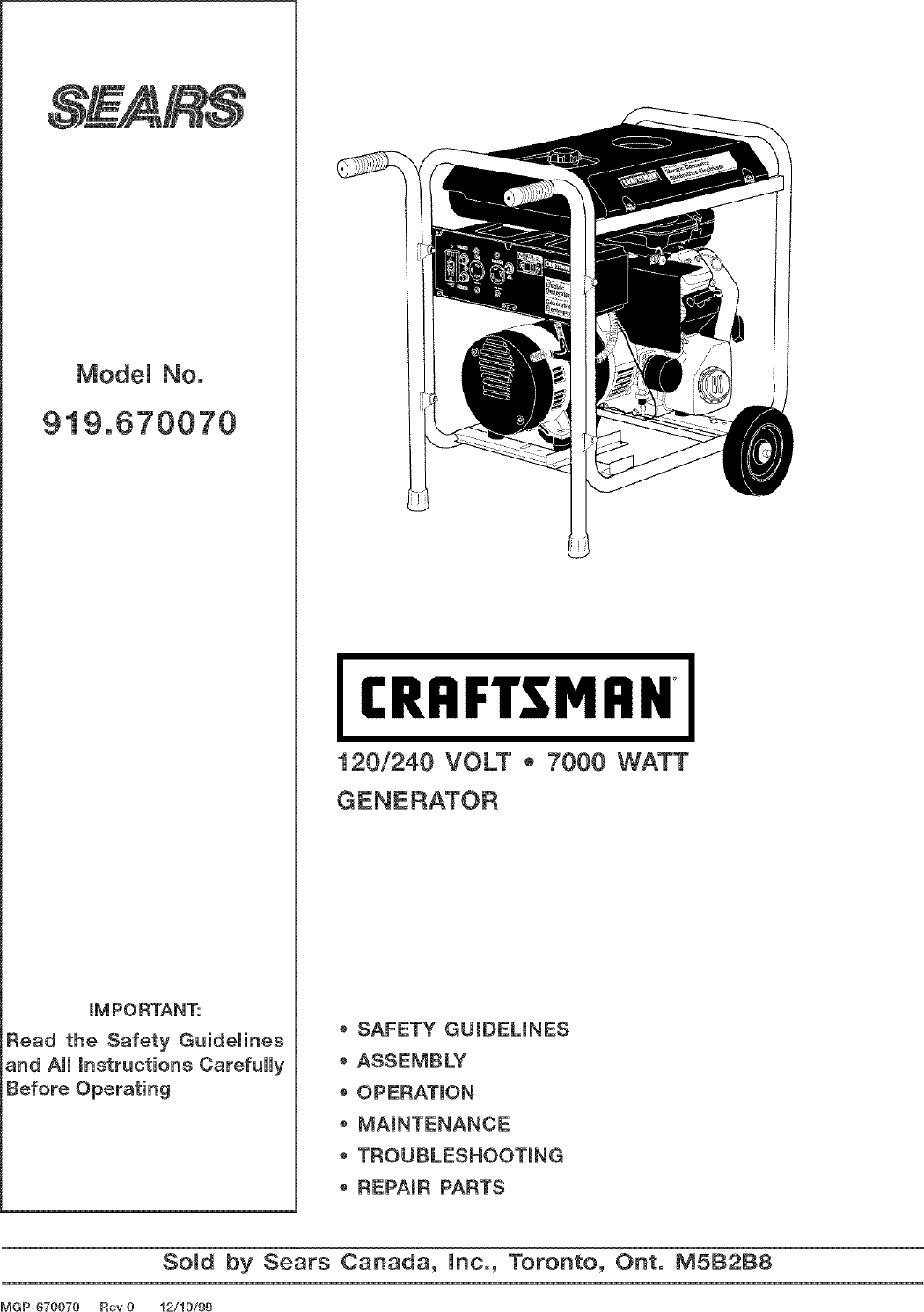 Craftsman 919670070 User Manual GENERATOR Manuals And Guides L0412366