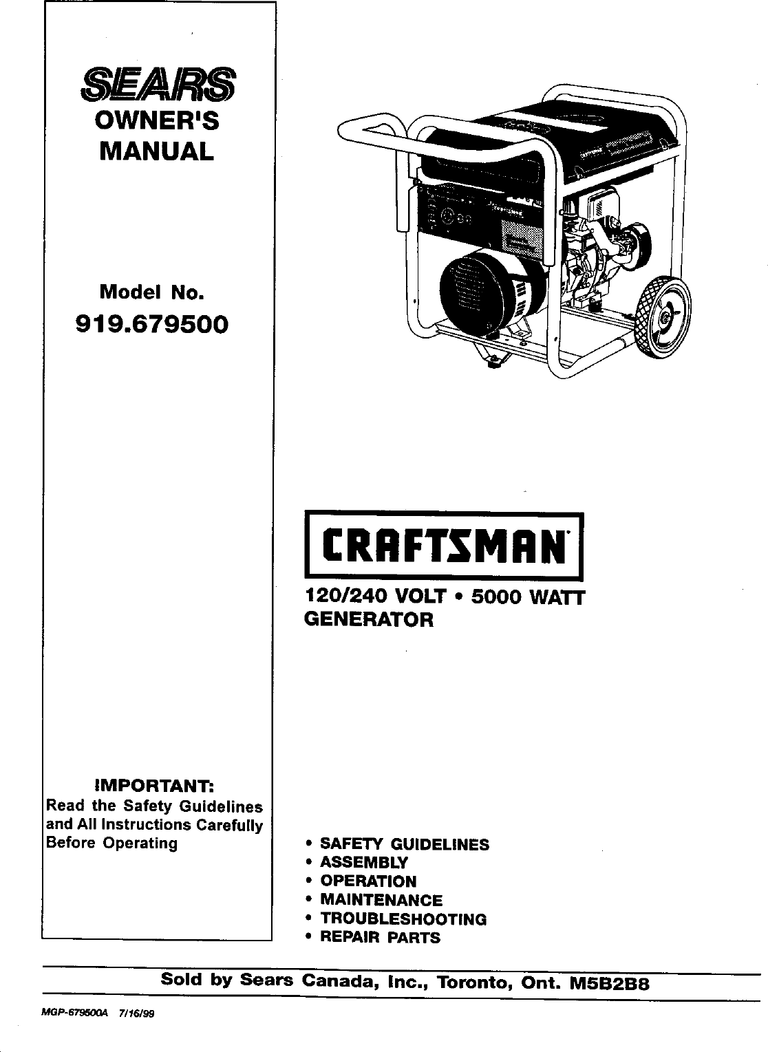 Craftsman 919679500 User Manual GENERATOR Manuals And Guides L0010032