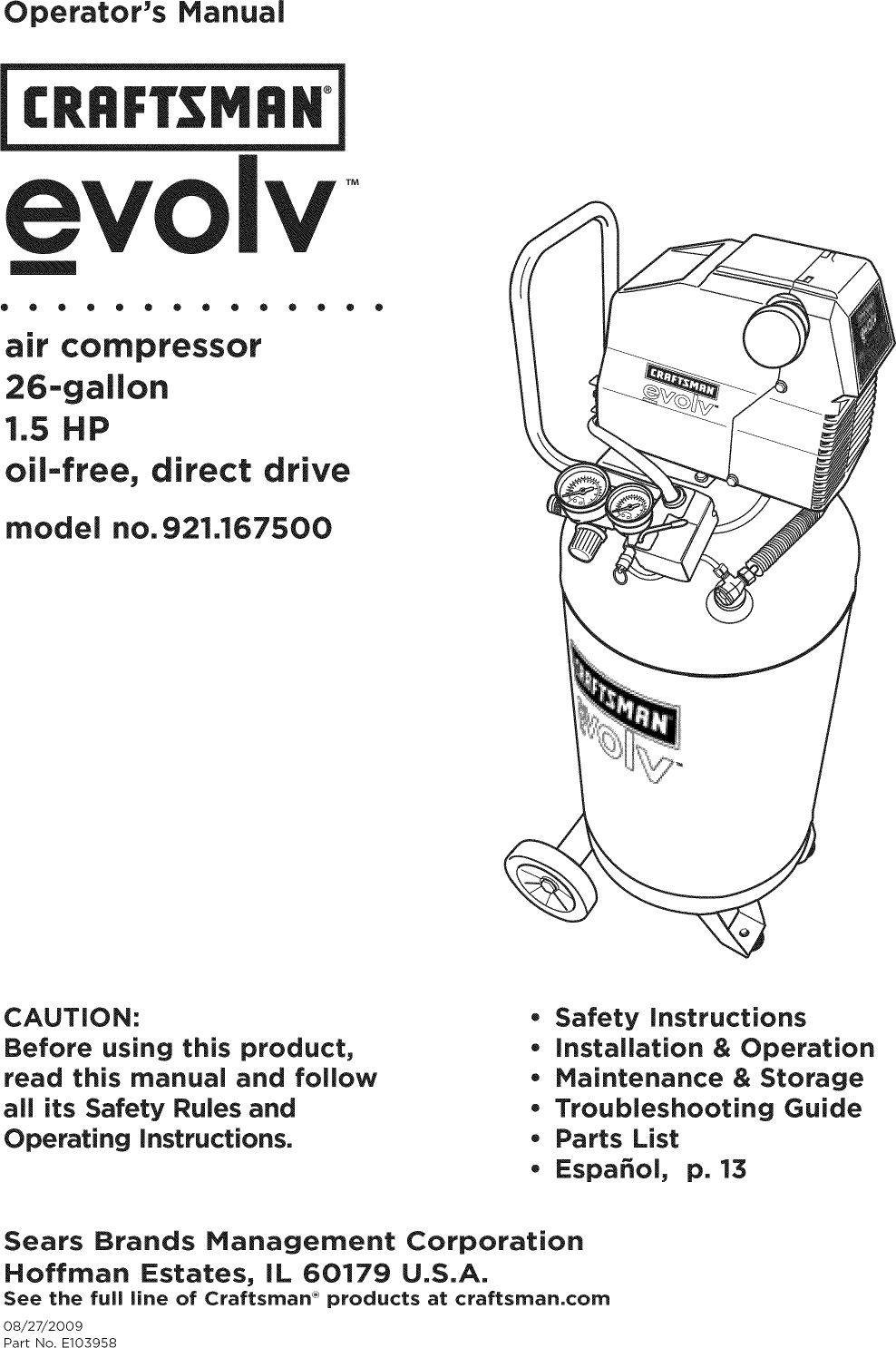 Craftsman 921167500 User Manual AIR COMPRESSOR Manuals And Guides L0912205