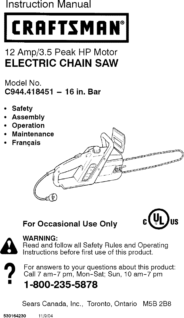 Craftsman 944418451 User Manual CHAIN SAW Manuals And Guides L0608465